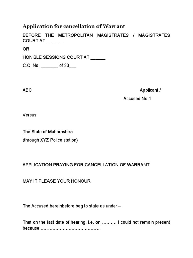 Warrant Cancellation Application Format | PDF | Finance & Money ...
