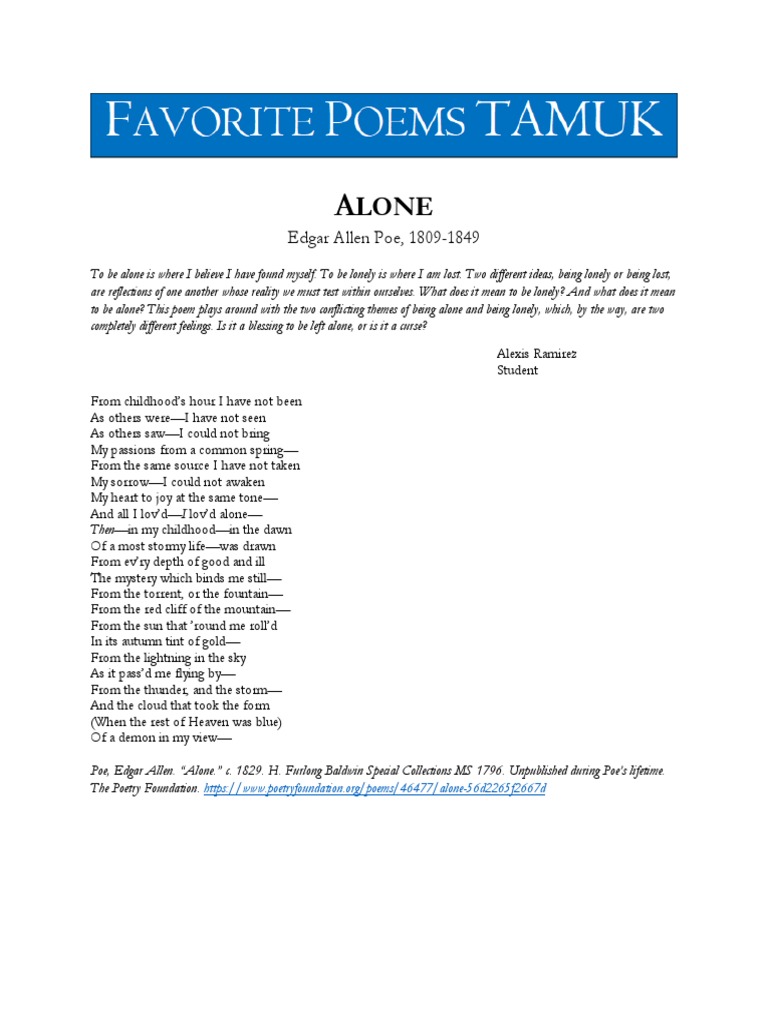 Alone by Edgar Allen Poe | PDF | Poetry