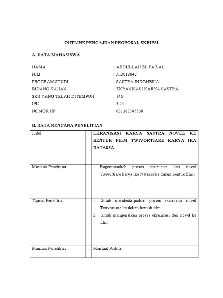 Outline Pengajuan Proposal Skripsi - Abdullah El Faisal - J1B018040 | PDF