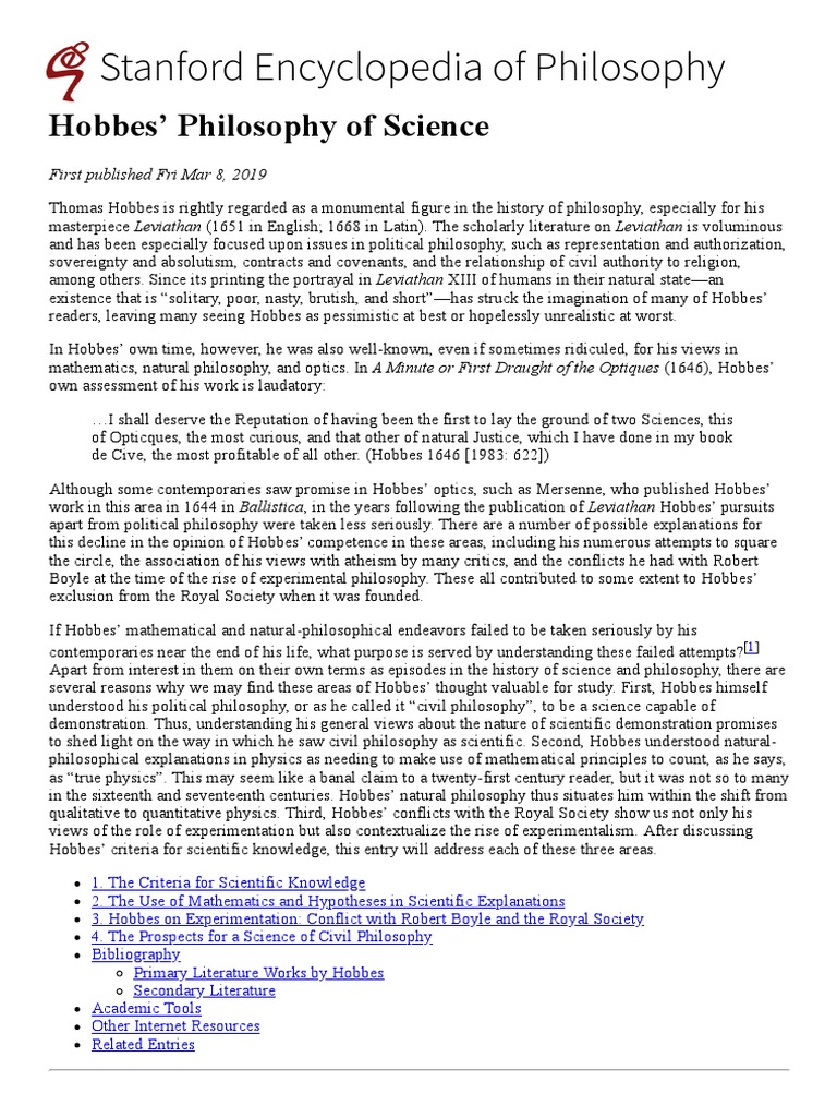 Hobbes' Philosophy of Science (Stanford Encyclopedia of Philosophy ...