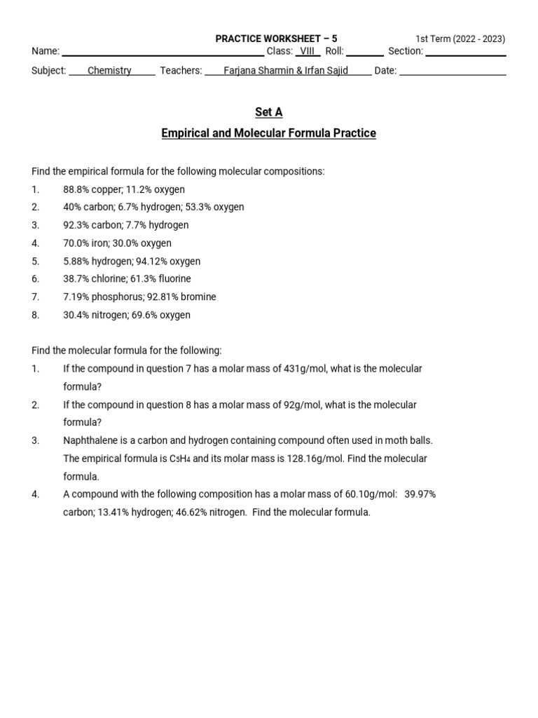 Empirical and Molecular Formula Practice Worksheet - Sets A and B | PDF ...