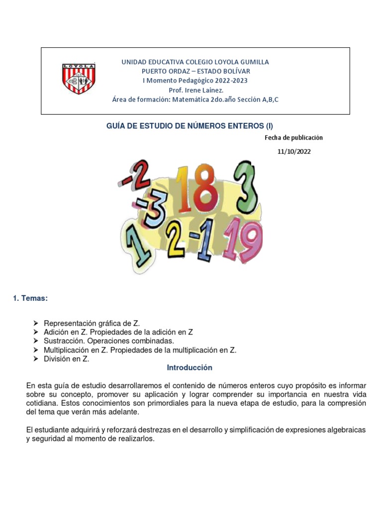 Guía de Numeros Enteros Parte I | PDF | Multiplicación | Entero