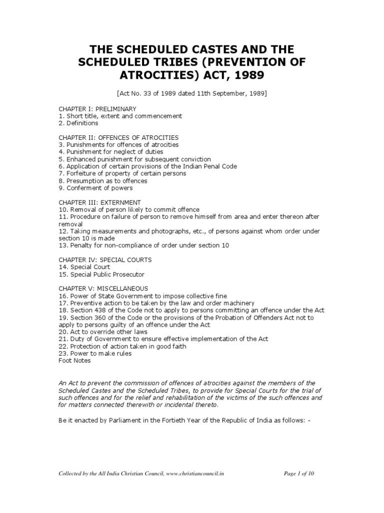 SC and ST Prevention of Atrocities Act 1989 | PDF | Social Science | Law