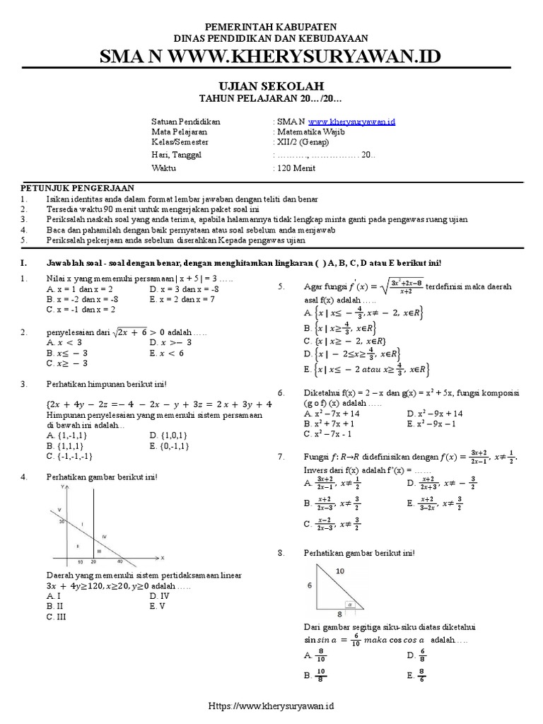 Soal US MTK Wajib Kelas XII - WWW - Kherysuryawan.id | PDF
