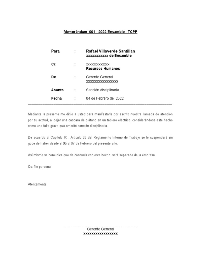 Modelo de Memorandum Por Falta Grave (Suspensión) | PDF
