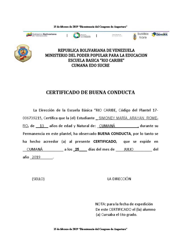 CERTIFICADO DE PROMOCION Y DE BUENA CONDUCTA 2018-19 REVISADO Lisneida ...