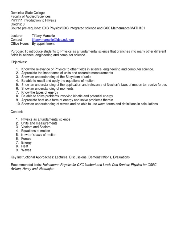 PHY111 Course Outline | PDF | Science & Mathematics