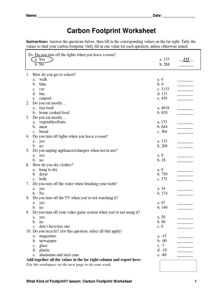 Carbon Footprint Worksheet | PDF