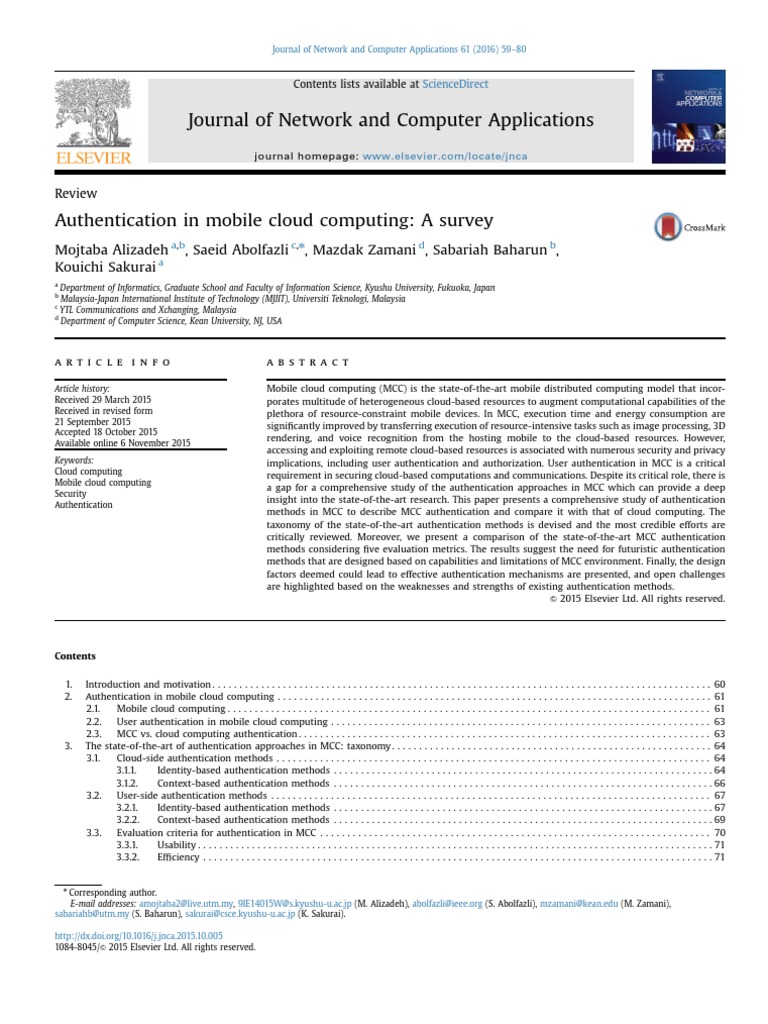Authentication in Mobile Cloud Computing - A Survey | PDF | Cloud Computing | Computer Network
