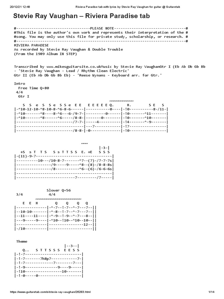 Riviera Paradise Tab With Lyrics by Stevie Ray Vaughan | PDF | American ...