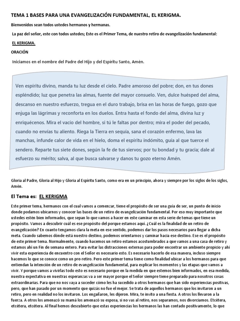 Tema 1 Introducción Al Retiro de Evangelización Fundamental - El Kerigma | PDF | Religión y ...