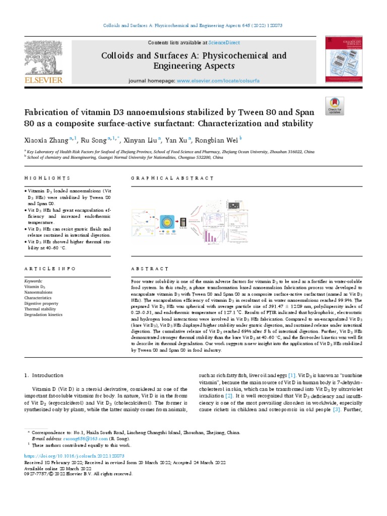 Fabrication of Vitamin D3 Nanoemulsions Stabilized by Tween 80 and Span 80 As A Composite ...