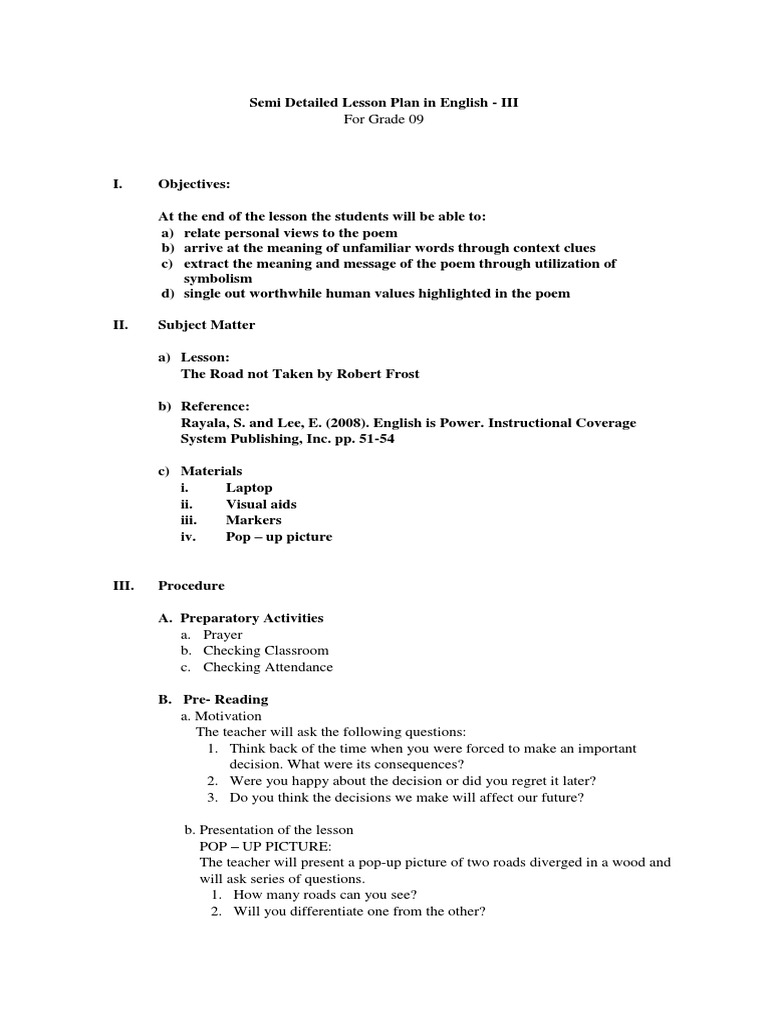 Semi DLP Road Not Taken | PDF | Lesson Plan | Poetry