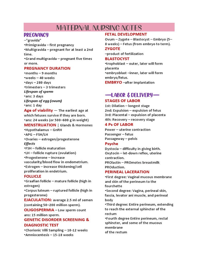 Maternal Nursing Notes | PDF | Pregnancy | Medical Specialties