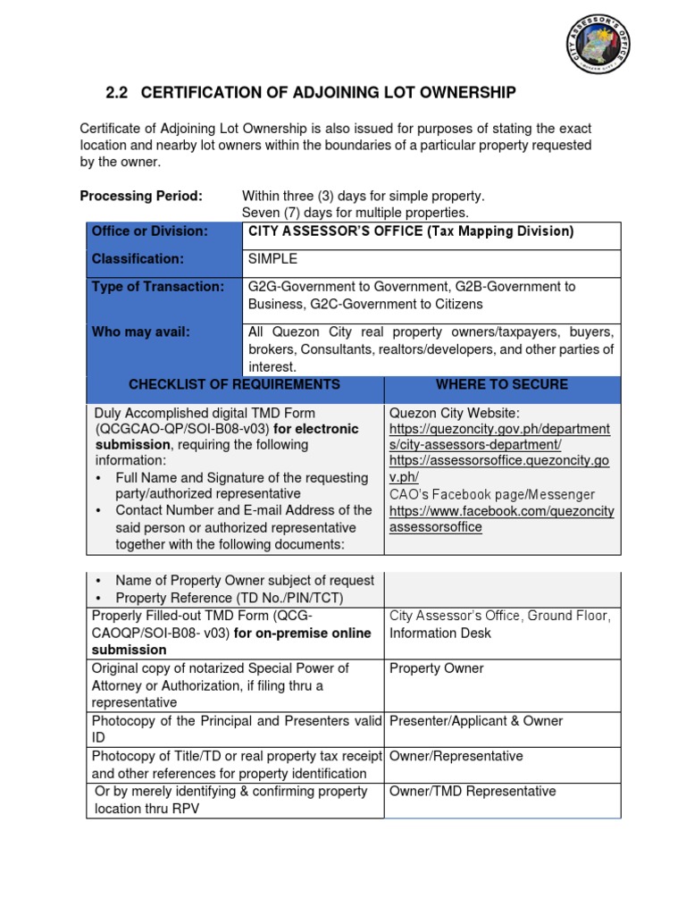 Adjoining Lot Ownership Certification Guide | PDF