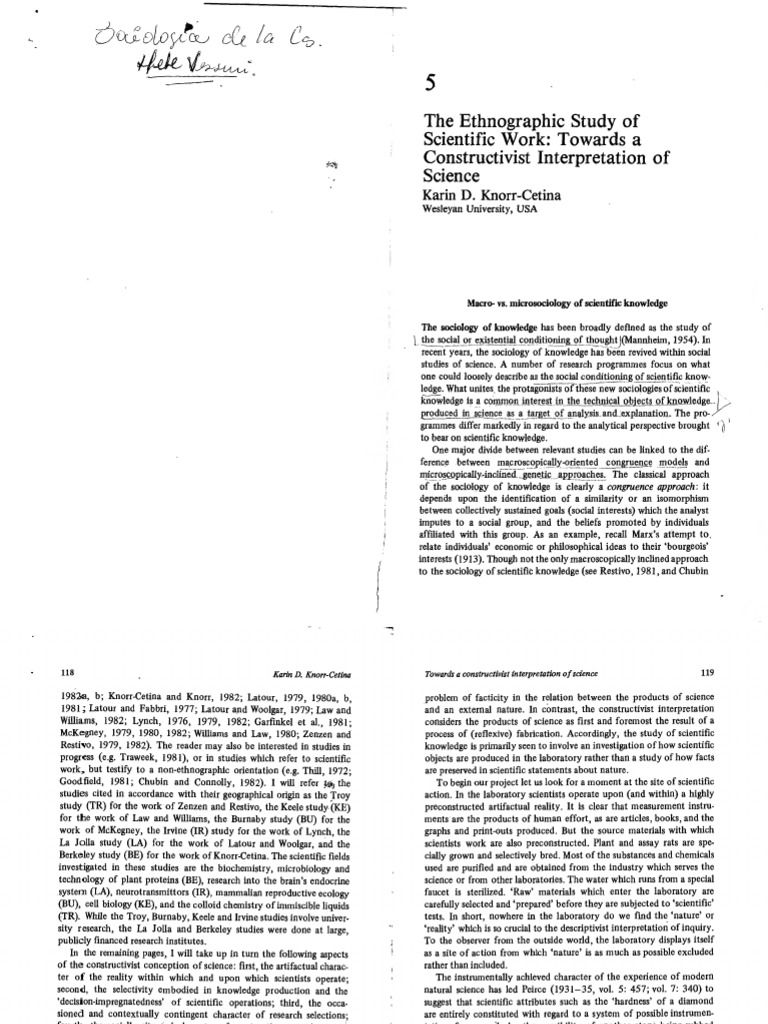 The Ethnographic Study of Scientific Work. Karin D | PDF