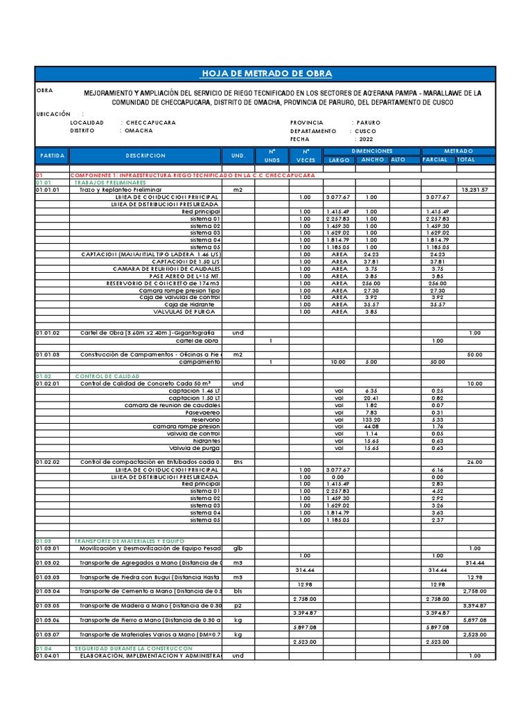 Hoja de Metrados Exp Checca01 | PDF | Materiales de construcción
