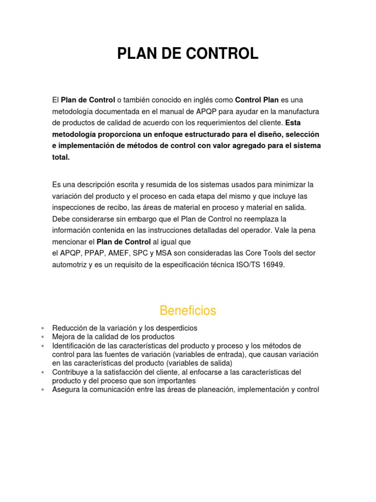 Plan de Control | Descargar gratis PDF | Calidad (comercial) | Diseño