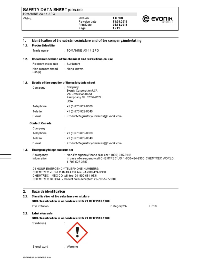 Tomamine AO 14 2 PG. SDS. 11.09.17. | PDF | Dangerous Goods | Personal Protective Equipment