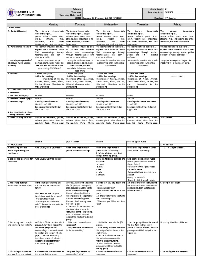 Grade 3 DLL Science 3 q4 Week 3 | PDF | Learning | Mountains