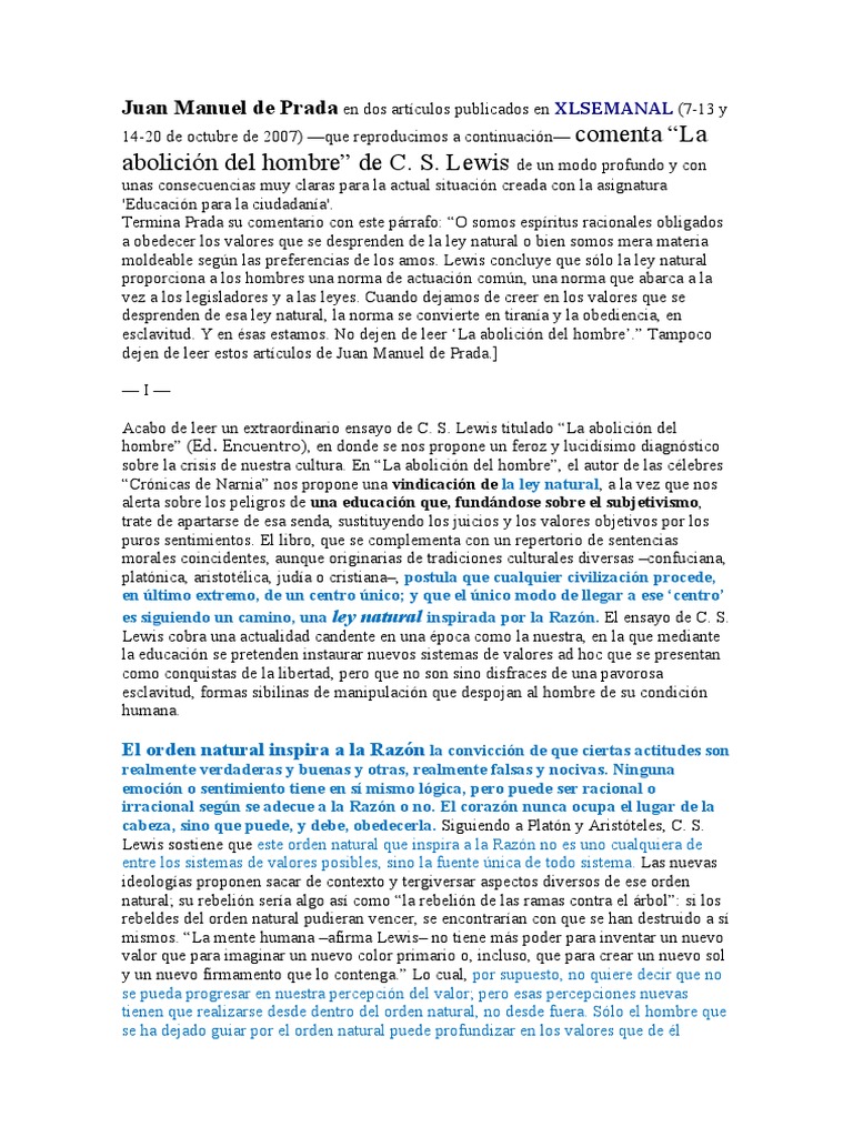 Análisis de "La abolición del hombre" | PDF | La Ley natural | Razón