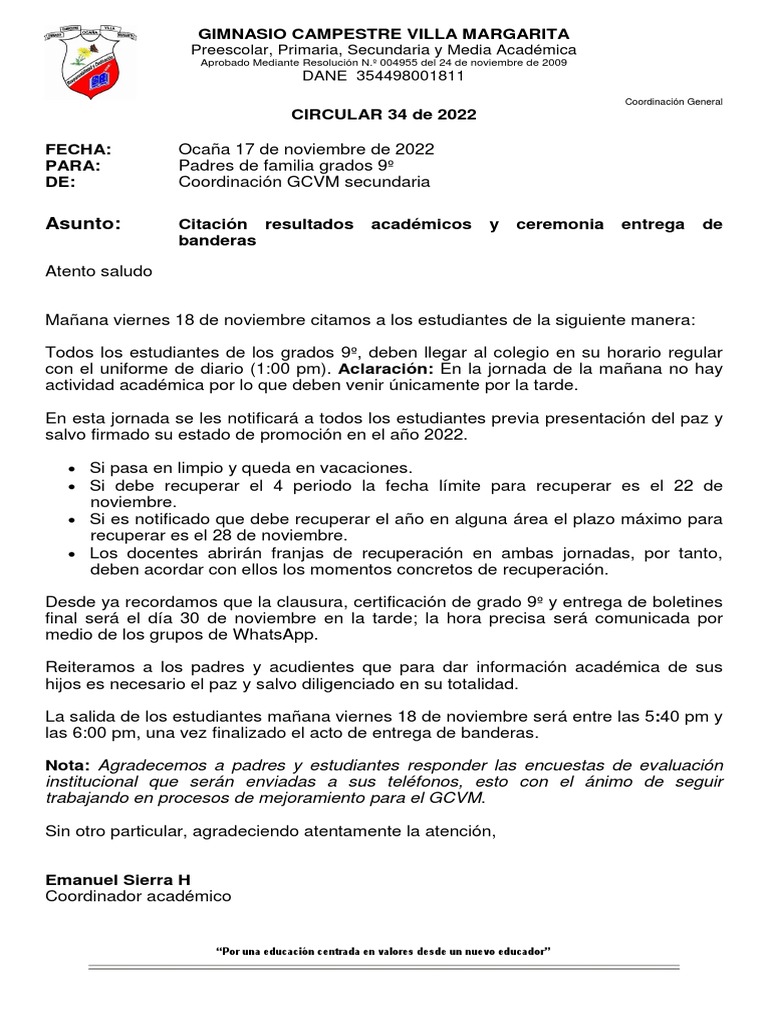 Circular 34 Cierre Académico 9º | PDF