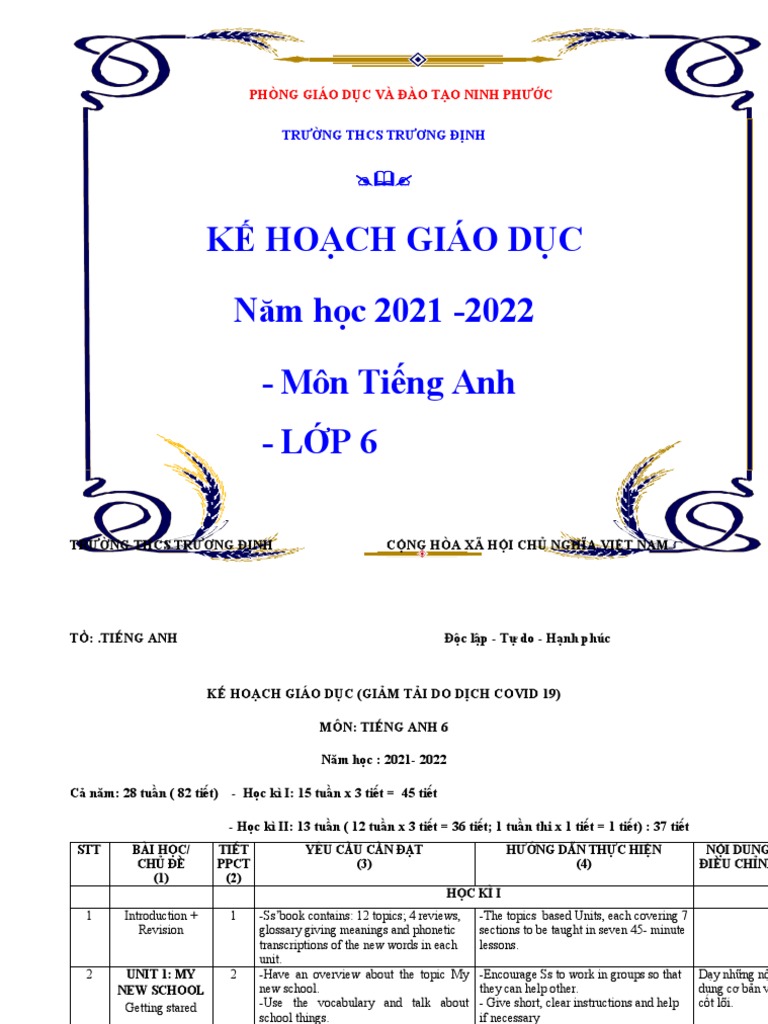 KHGD - Anh 6 - 28 Tuần (2021-2022) | PDF