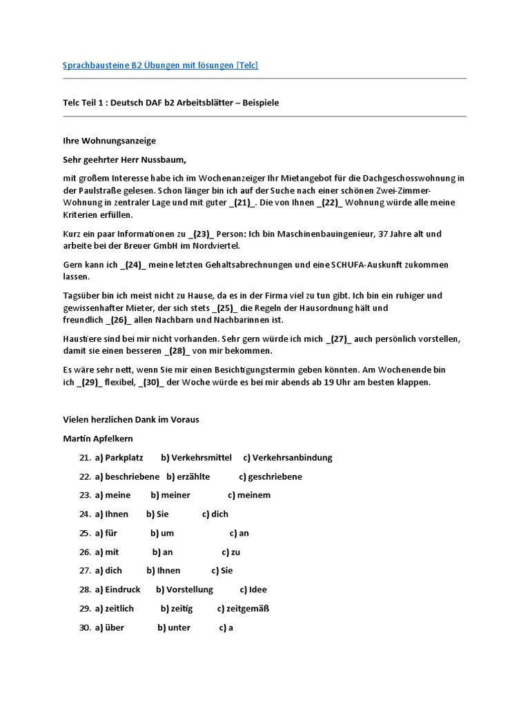 Sprachbausteine B2 Übungen Mit Lösungen | PDF