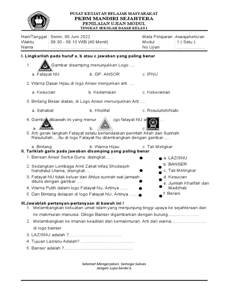 Soal Ujian Modul 1 SD MI Kelas 1 | PDF
