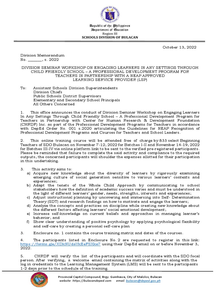 Memo CHRDF For Engaging Learners in Any Settings Through Child Friendly ...