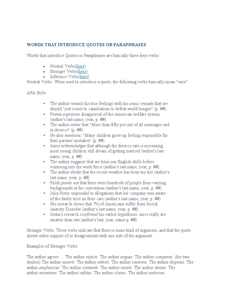 Words That Introduce Quotes or Paraphrases | PDF