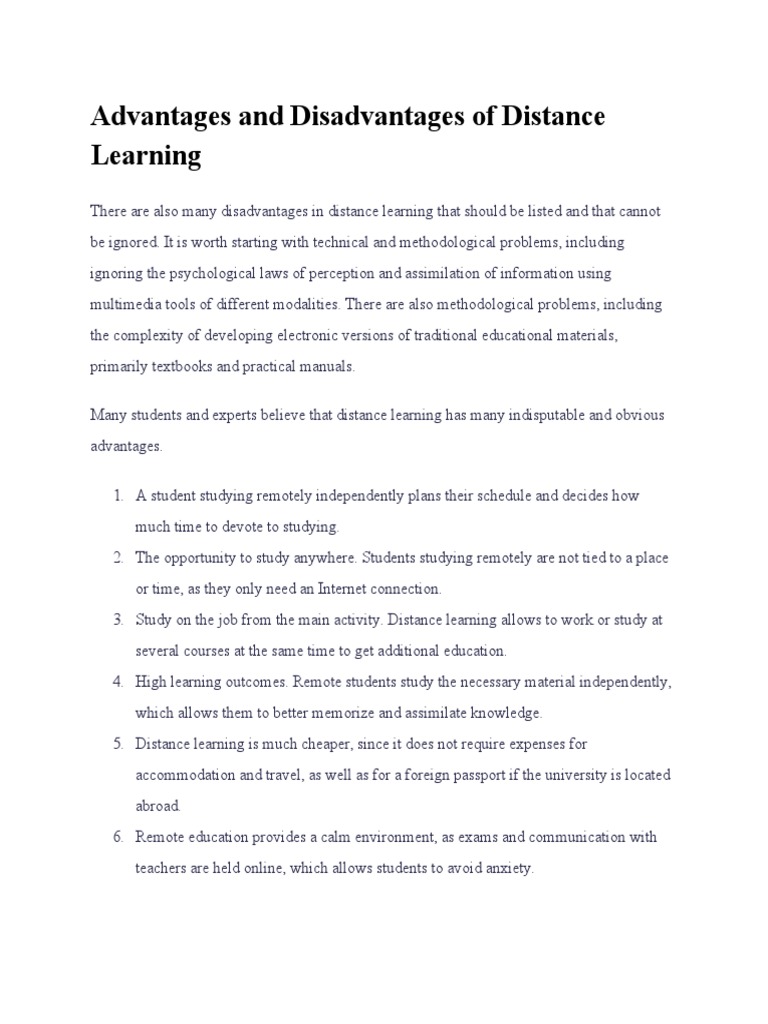 Pros and Cons of Distance Learning | PDF | Distance Education | Learning