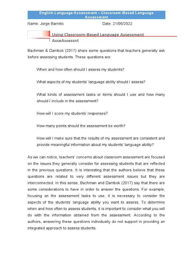Handout - Using Classroom-Based Language Assessment | PDF