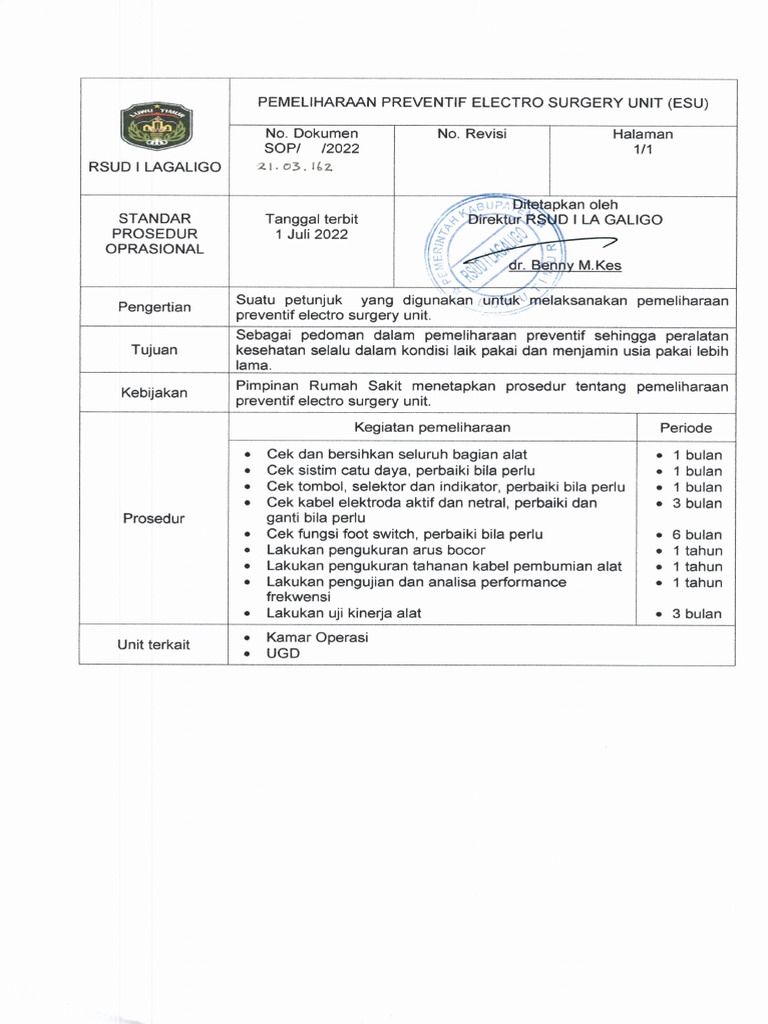 SOP Pemeliharaan ESU | PDF