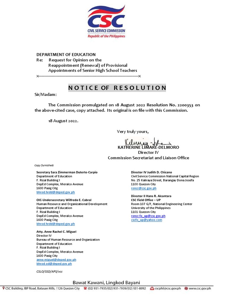 Resolution DepEd Request For Opinion On The Reappointment Renewal of ...