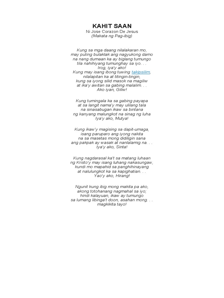 Kahit Saan (Jose Corazon de Jesus) | PDF