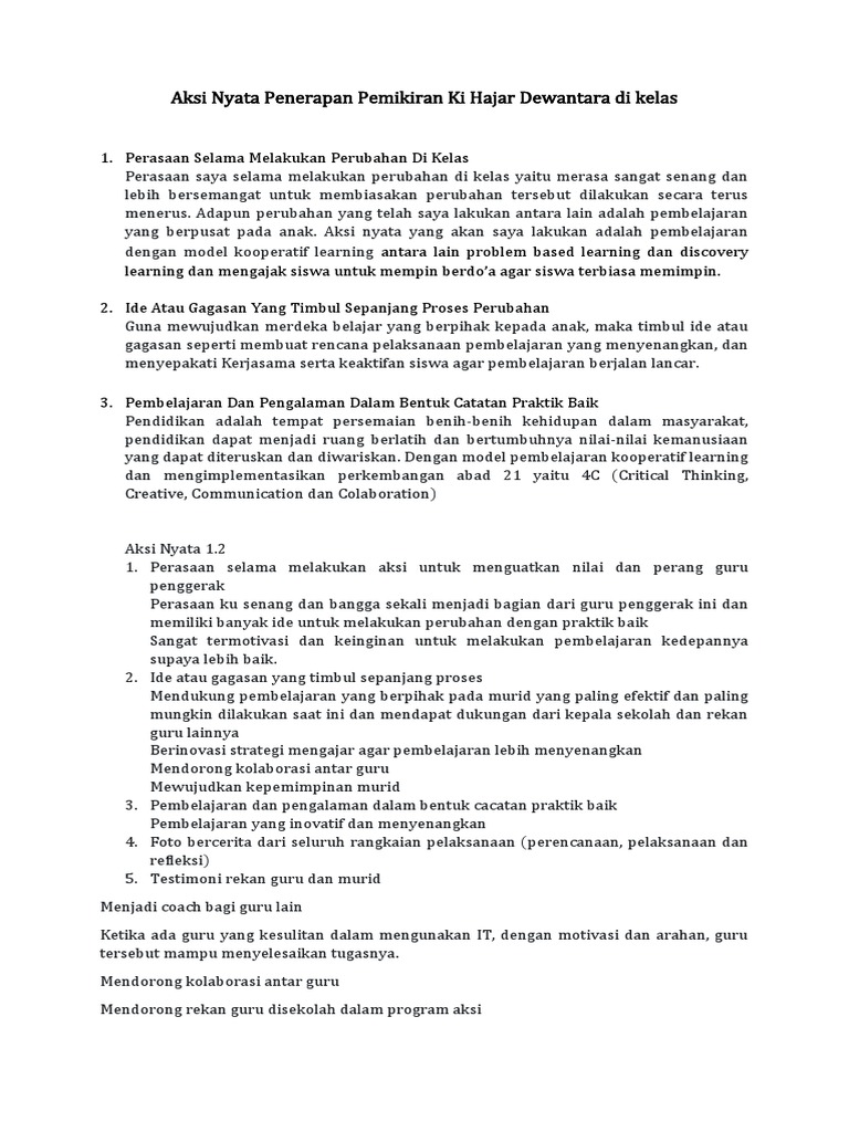 Aksi Nyata Penerapan Pemikiran Ki Hajar Dewantara Di Kelas | PDF