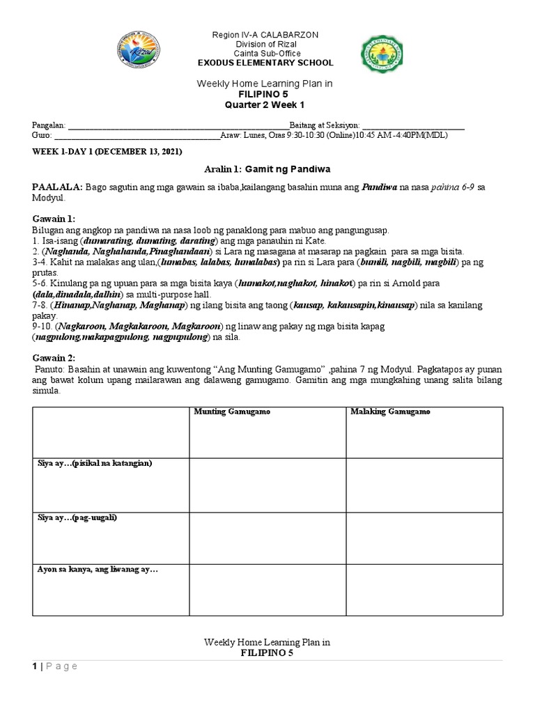 Filipino 5 WHLP Q2 Weeks 1 4 | PDF Filipino 5 WHLP Q2 Weeks 1 4 | PDF