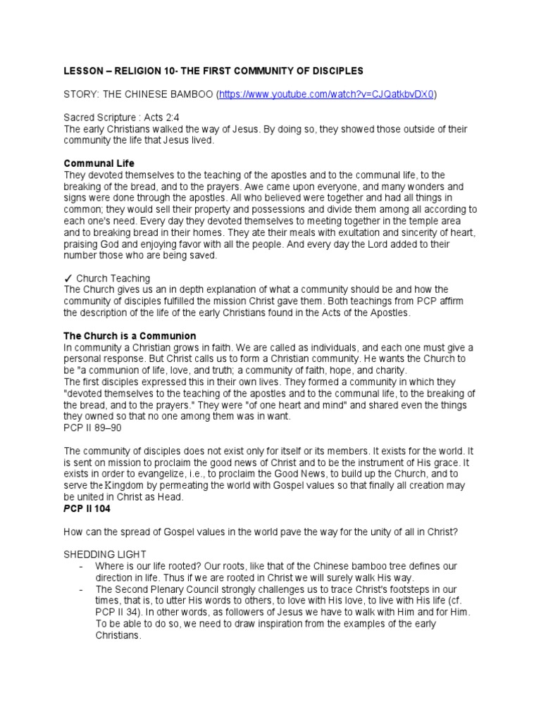 LESSON - RELIGION 10 - First CHRISTIAN Community | PDF | Eucharist | Jesus