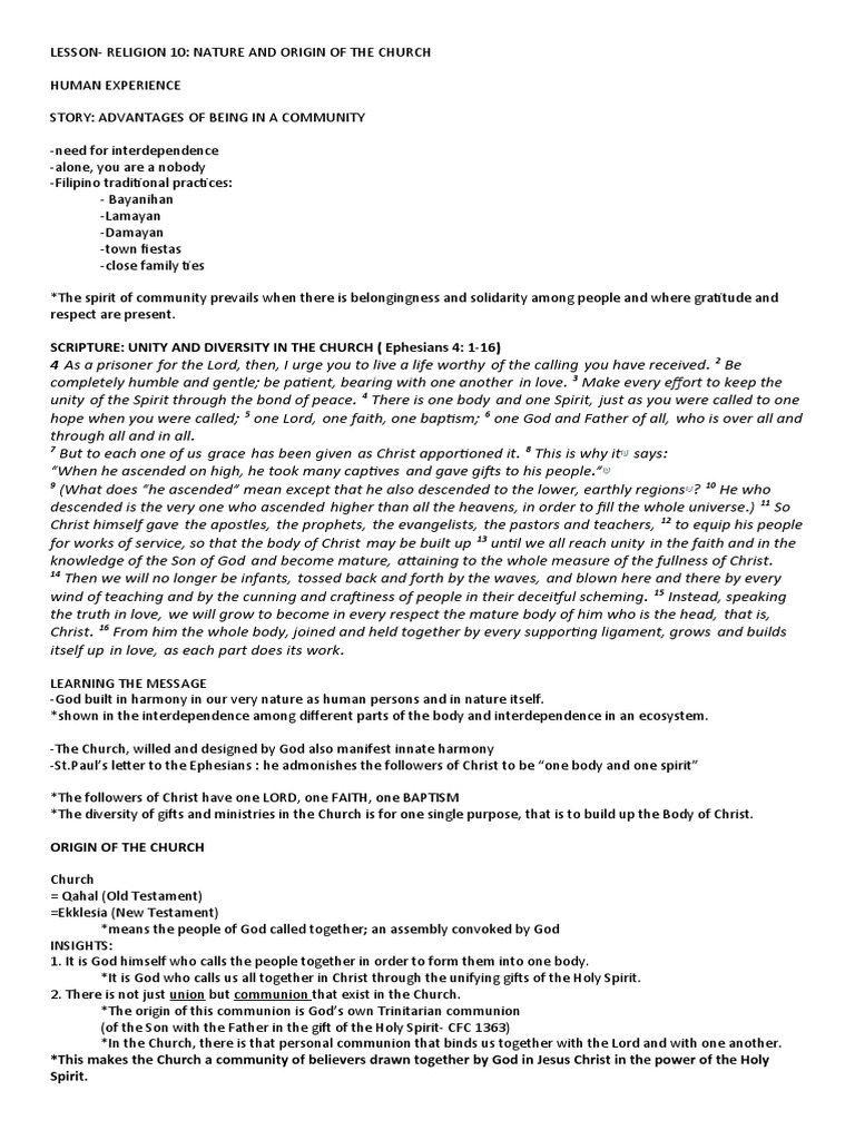 LESSON - RELIGION 10 - Nature & Origin of The Church | PDF | Sacraments ...