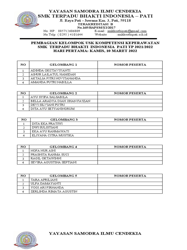 Jadwal Kelompok Usk TH 2022 | PDF