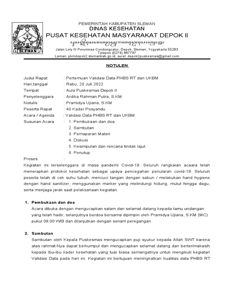 NOTULEN Pertemuan Validasi Data PHBS RT Dan UKBM | PDF | Pengembangan Diri | Kesehatan Holistik