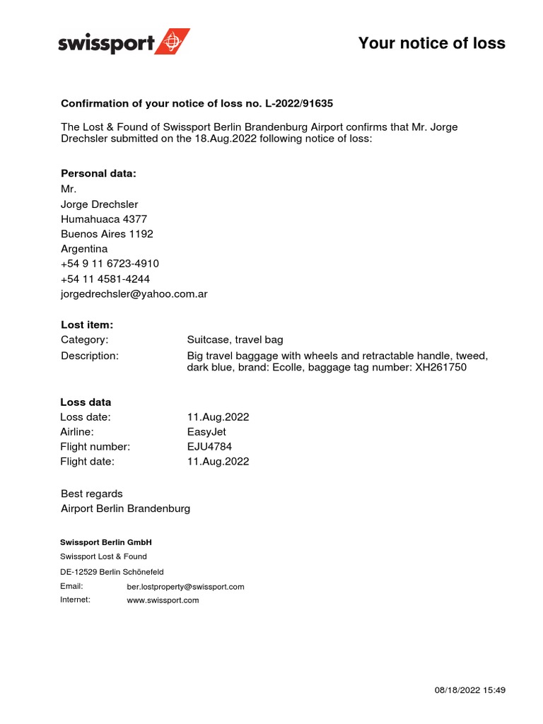Lost Baggage Notice Confirmation | PDF