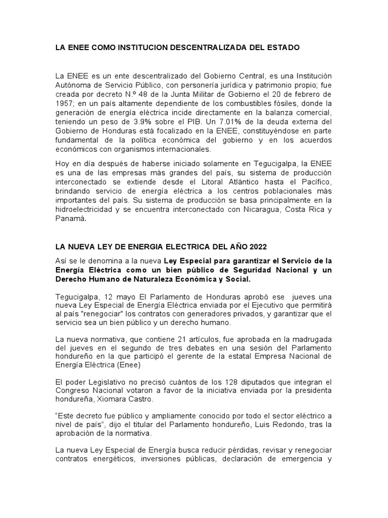 La Enee Como Institucion Descentralizada Del Estado | PDF | Honduras ...