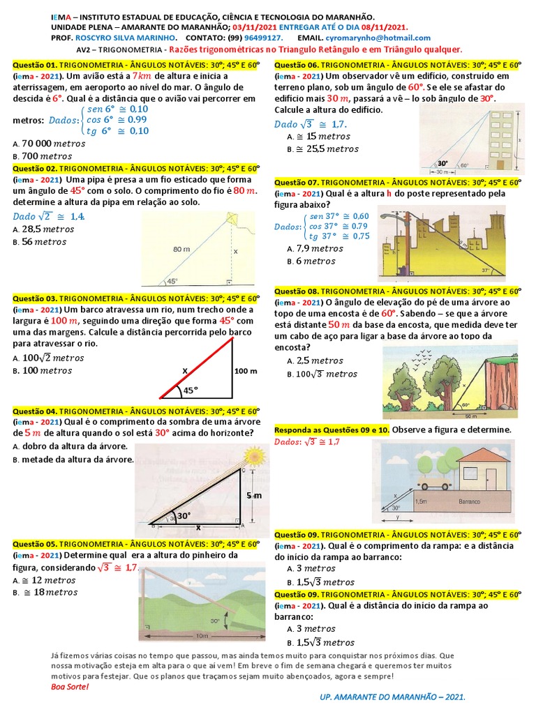 AV2 - Trigonometria - Ângulos Notáveis 30 45 e 60. | PDF