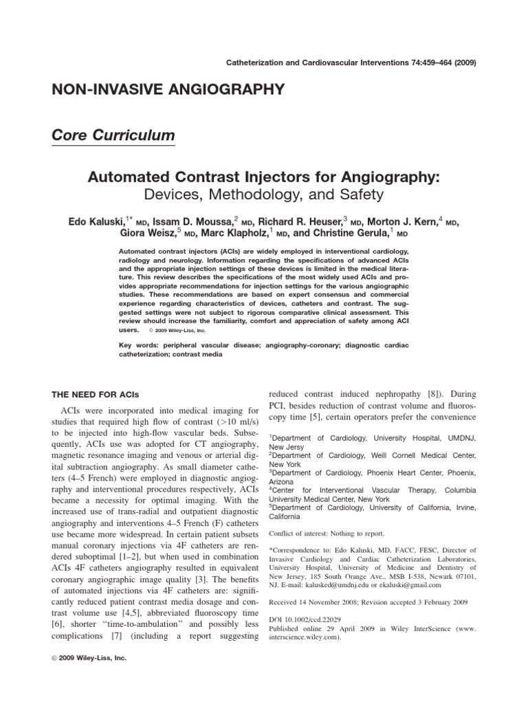 Automated Contrast Injectors For Angiogr | PDF | Angiography | Catheter