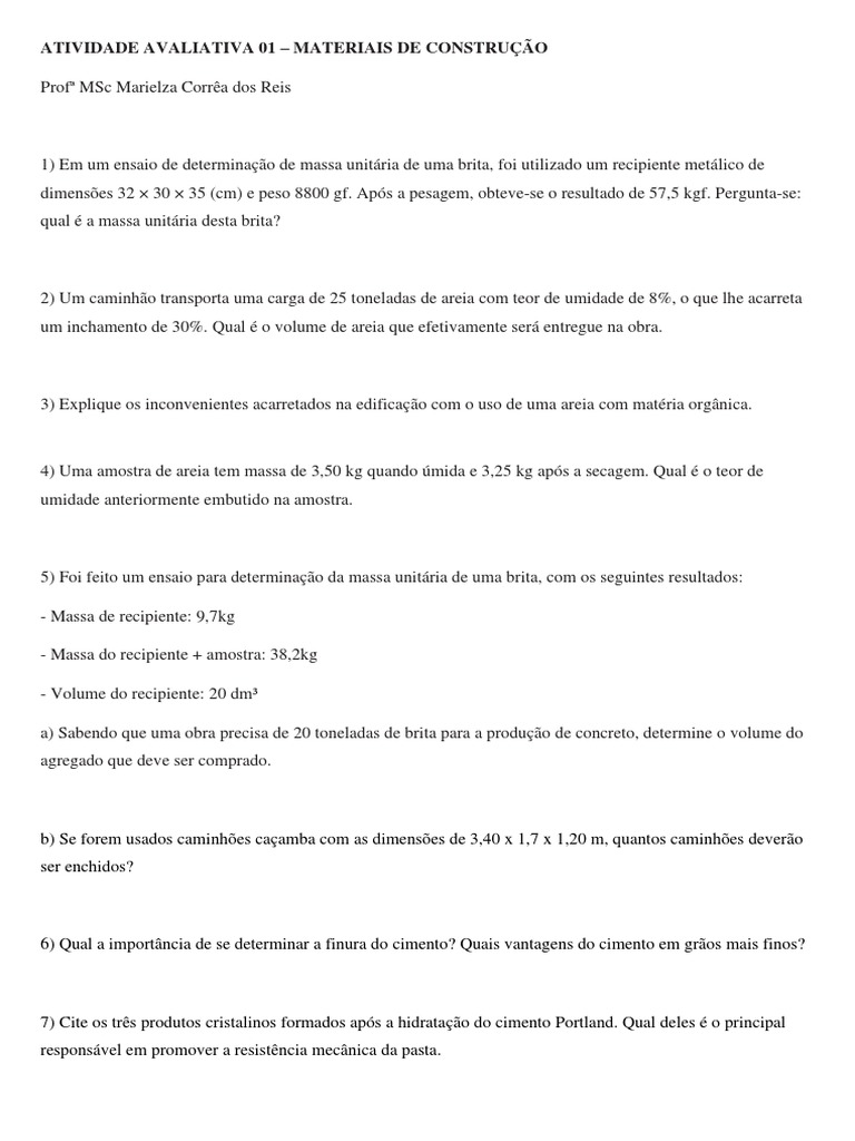 Atividade Avaliativa Sobre Propriedades E Características De Materiais