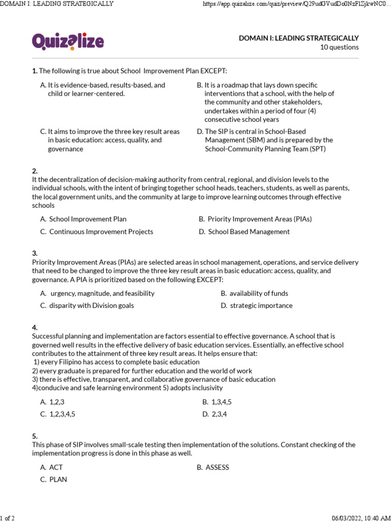 Strategic School Leadership Quiz | PDF | Governance | Learning