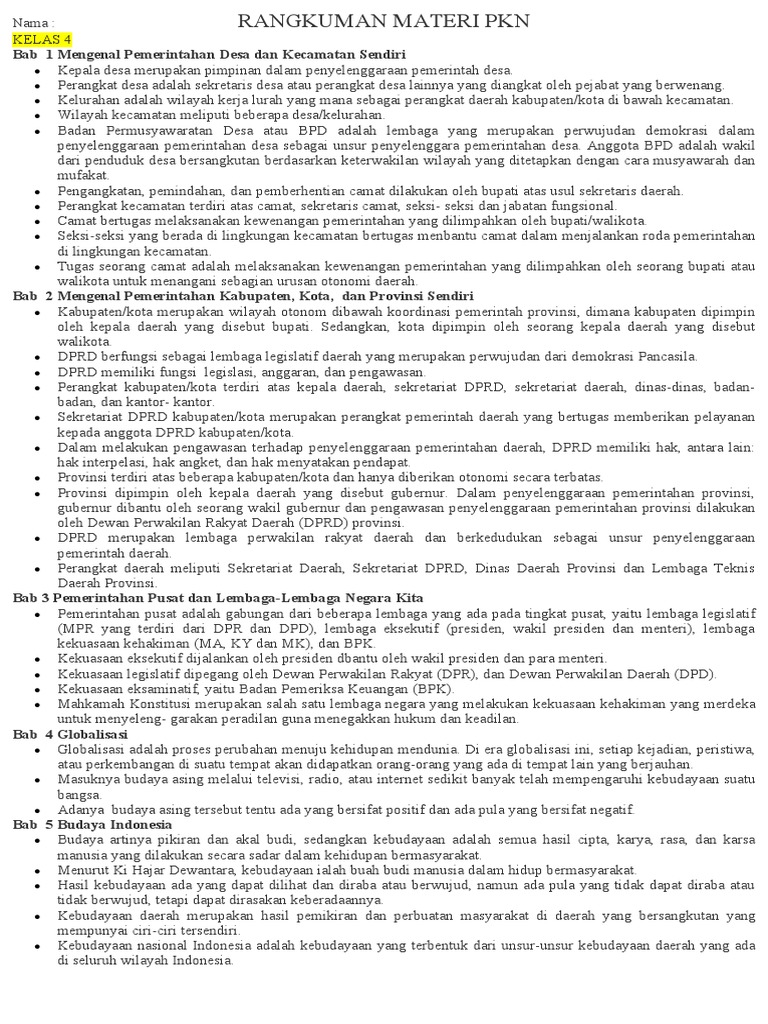 Rangkuman Materi PKN Kelas 4 SD | PDF