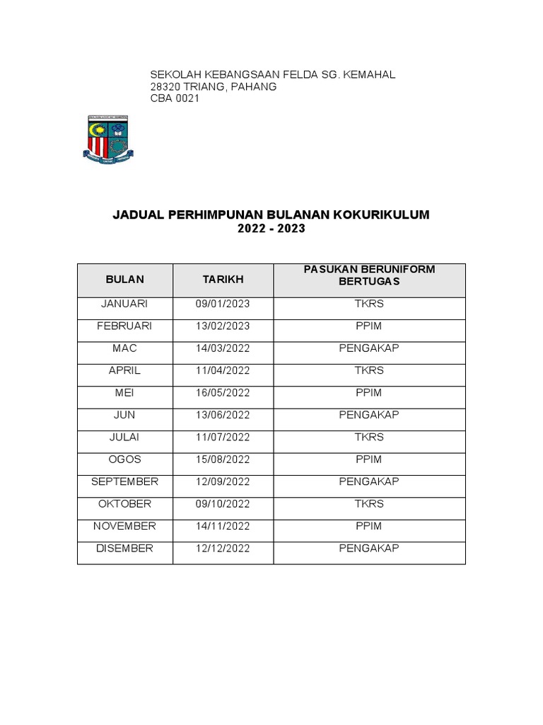 Jadual Perhimpunan Bulanan Kokurikulum | PDF